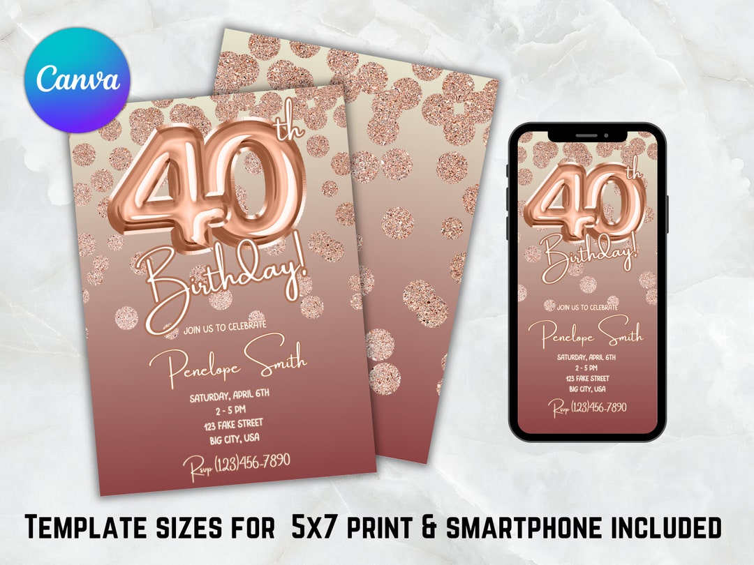 Editable Rose Gold Glitter 40th Birthday Invitation Template, Fortieth ...