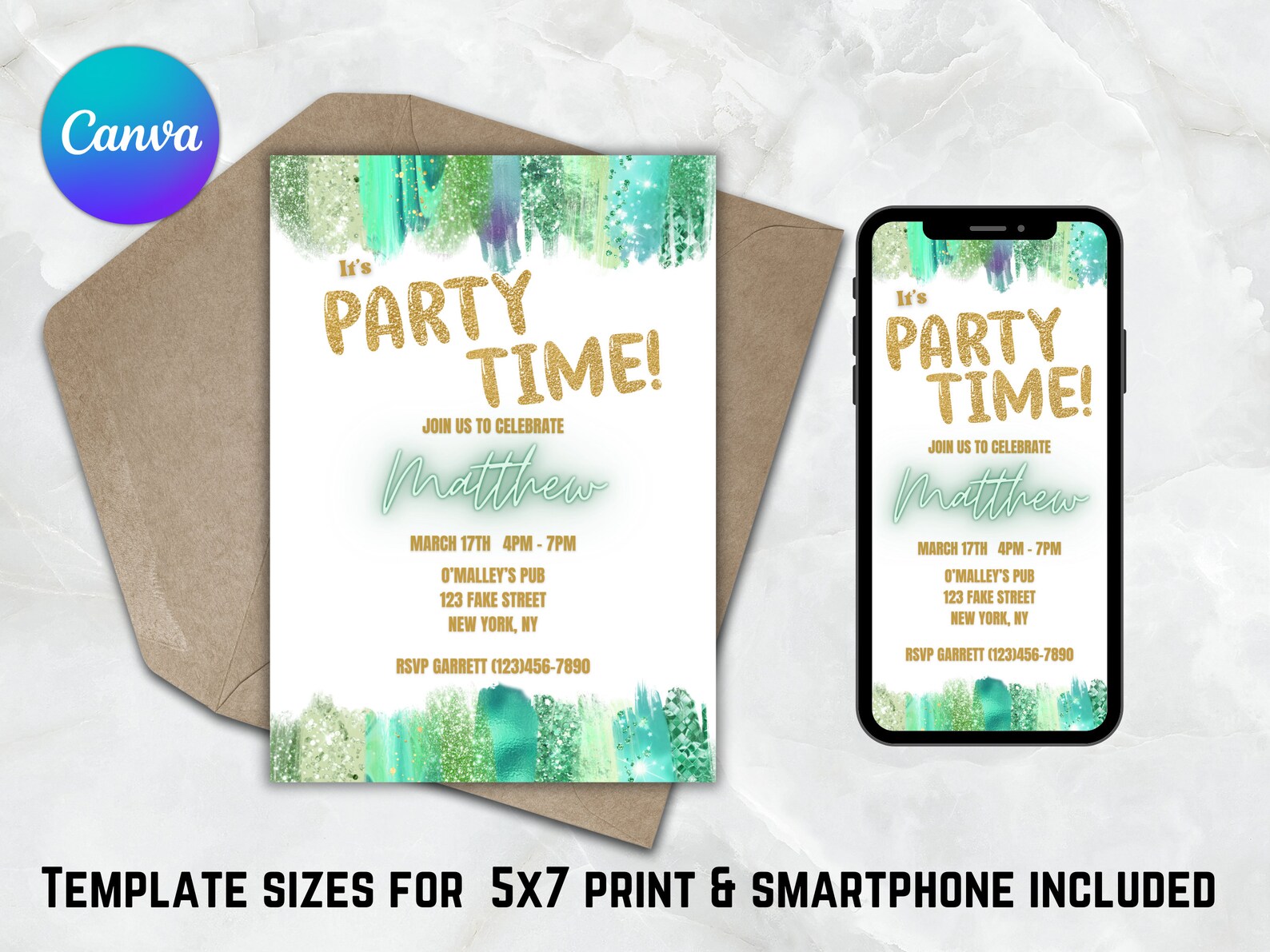 Editable Green & Glitter Gold Party Time Birthday Invitation Template ...