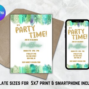 Editable Green & Glitter Gold Party Time Birthday Invitation Template ...