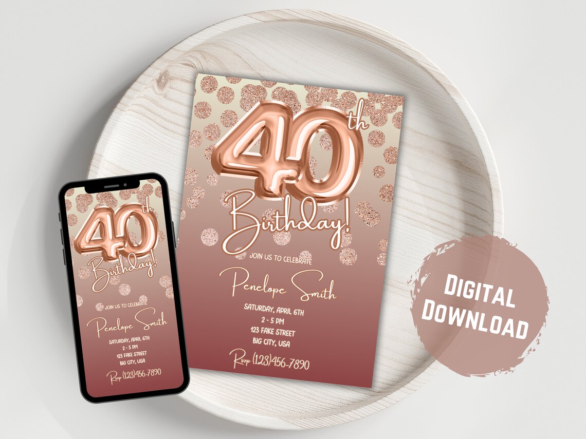 Editable Rose Gold Glitter 40th Birthday Invitation Template, Fortieth ...