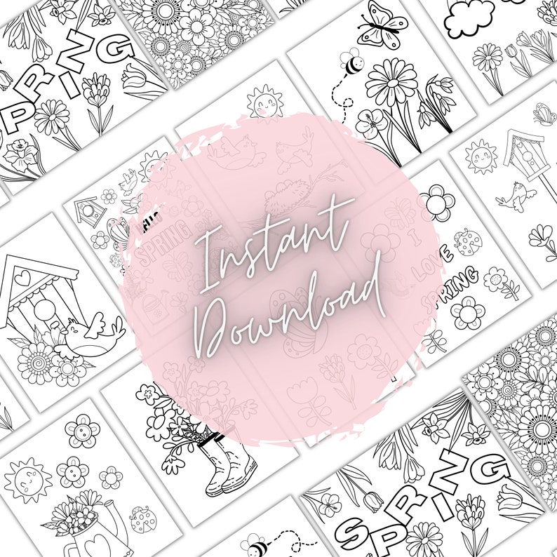 Spring Themed Coloring Pages, Bundle of 15 Designs - Printable Coloring ...