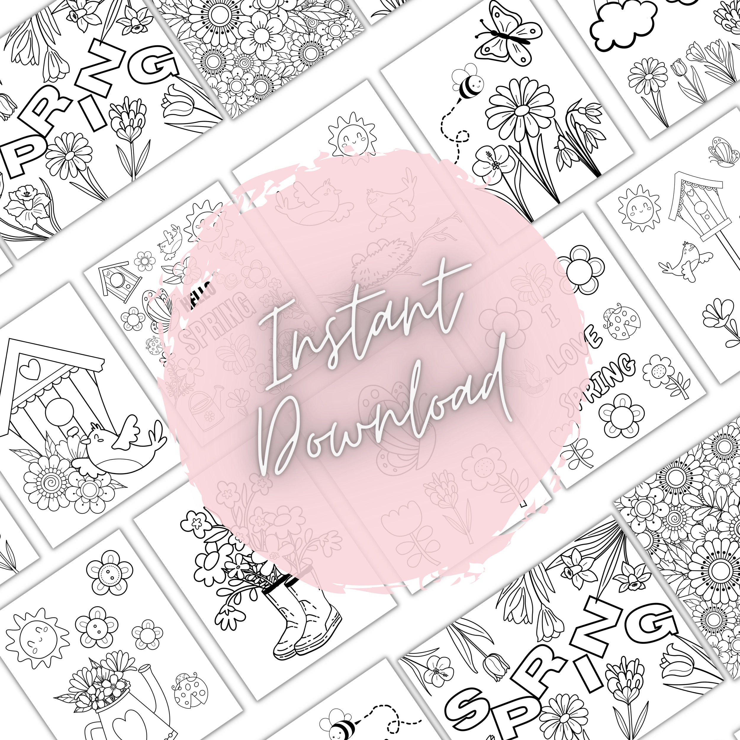 Spring Themed Coloring Pages, Bundle of 15 Designs - Printable Coloring ...