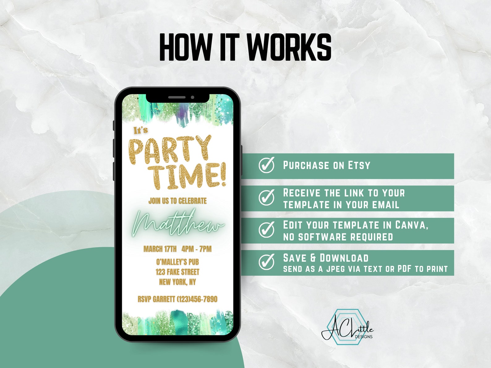 Editable Green & Glitter Gold Party Time Birthday Invitation Template ...
