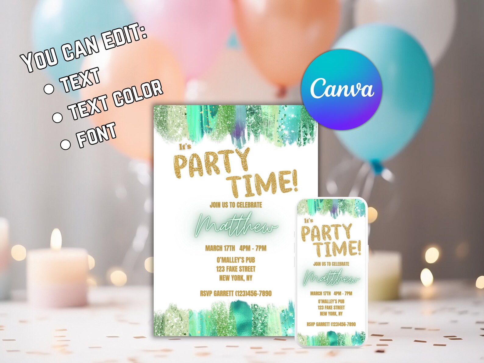 Editable Green & Glitter Gold Party Time Birthday Invitation Template ...