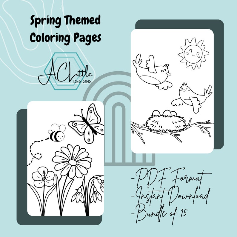 Spring Themed Coloring Pages, Bundle of 15 Designs - Printable Coloring ...