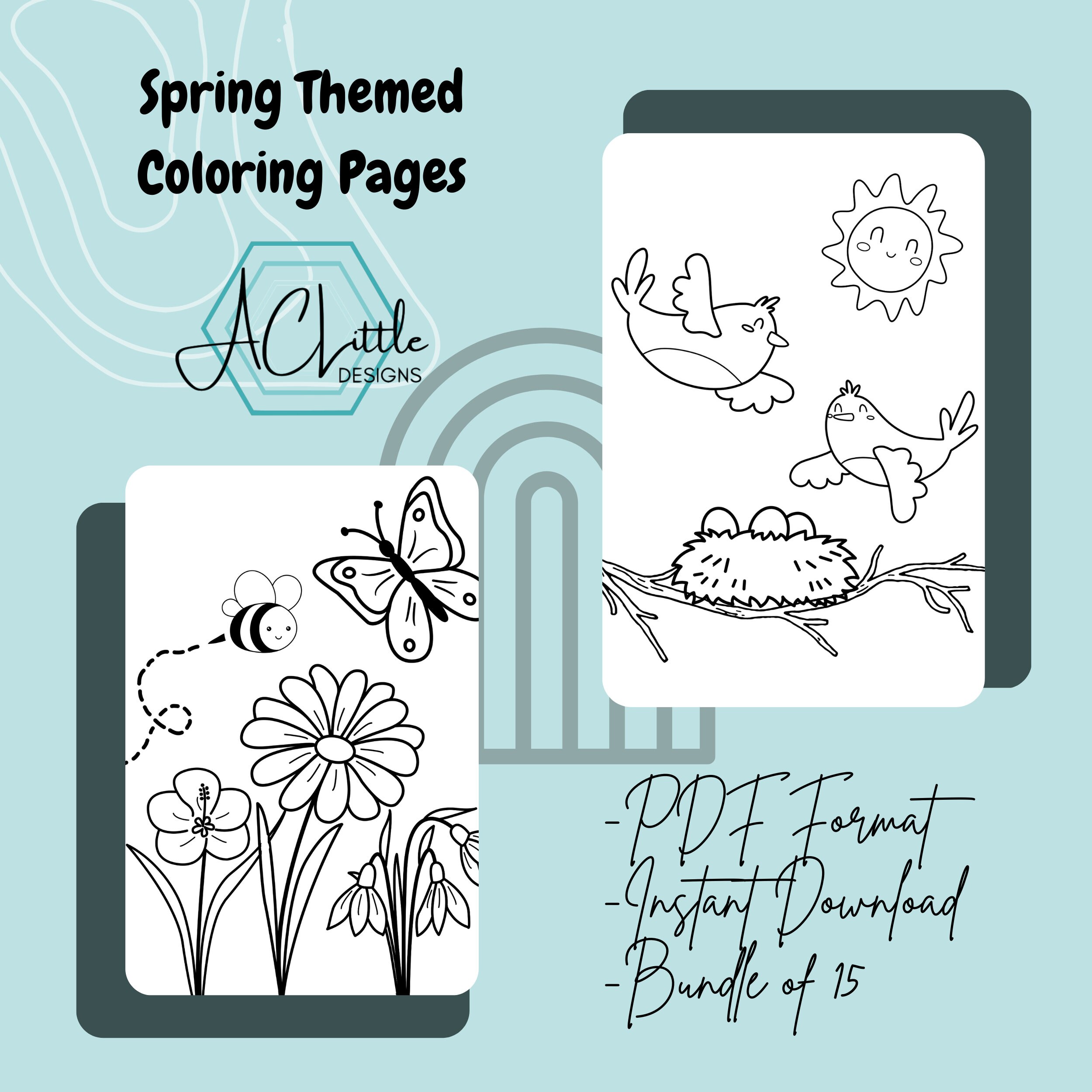 Spring Themed Coloring Pages, Bundle of 15 Designs - Printable Coloring ...