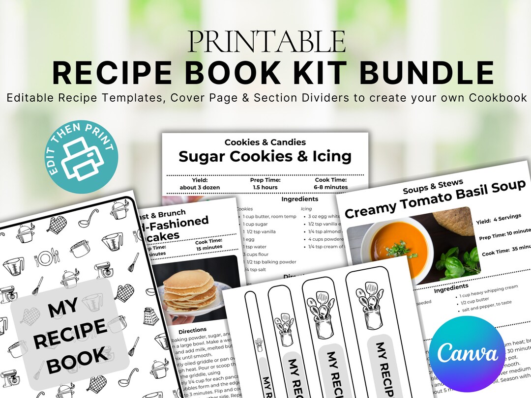 Printable Recipe Book, Recipe Binder Kit, Editable Template Bundle, DIY ...
