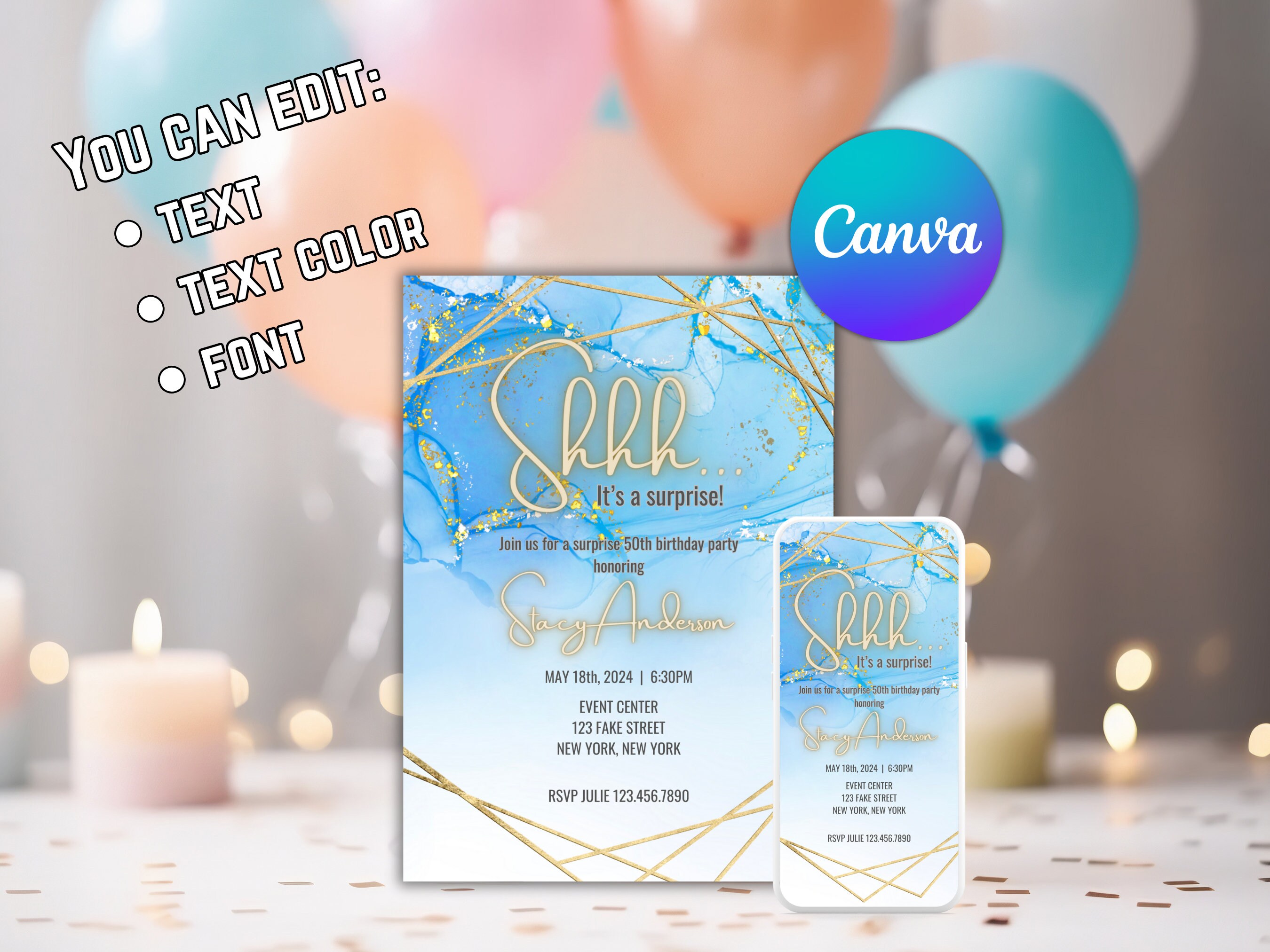 Editable Blue & Gold Surprise Party Birthday Invitation Template, Blue ...