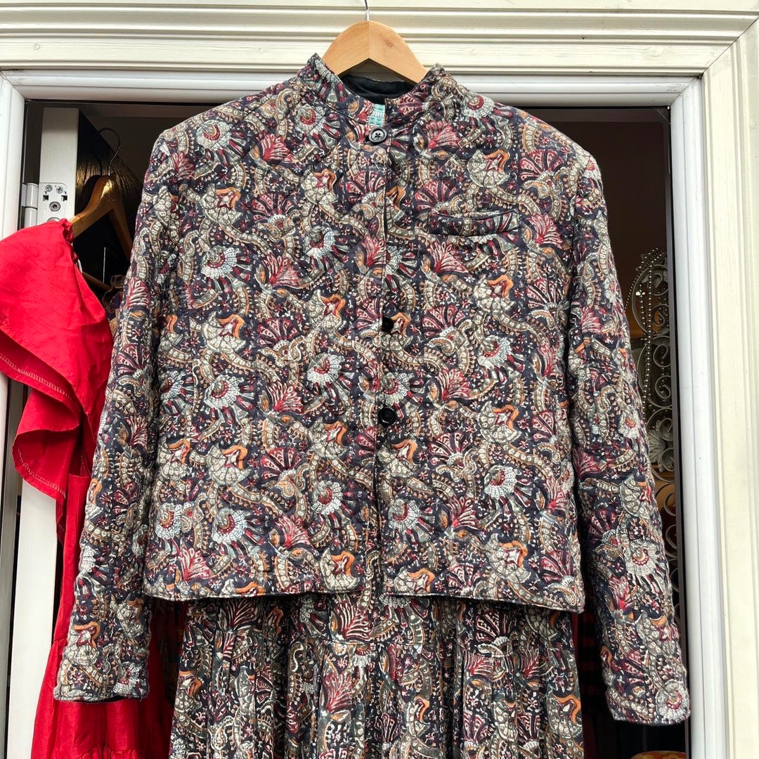 Rare Block Printed Indian Cotton Three-piece Dress & Matching Padded ...