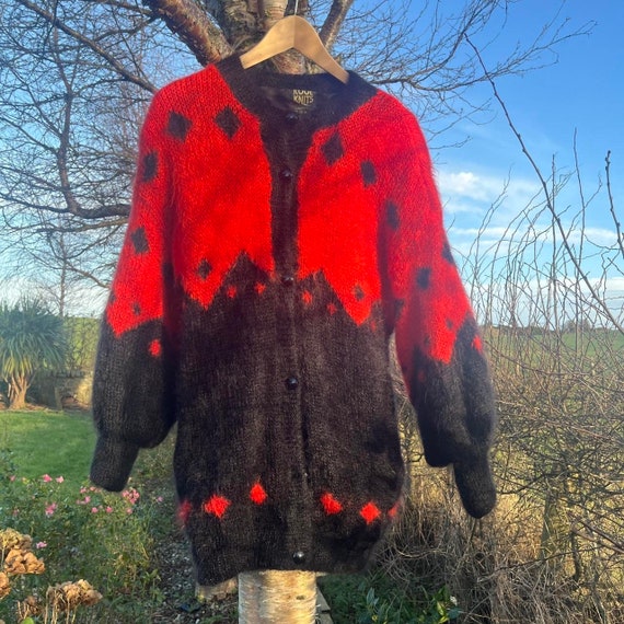 Red & black lady bird fuzzy vintage mohair cardigan b… - Gem