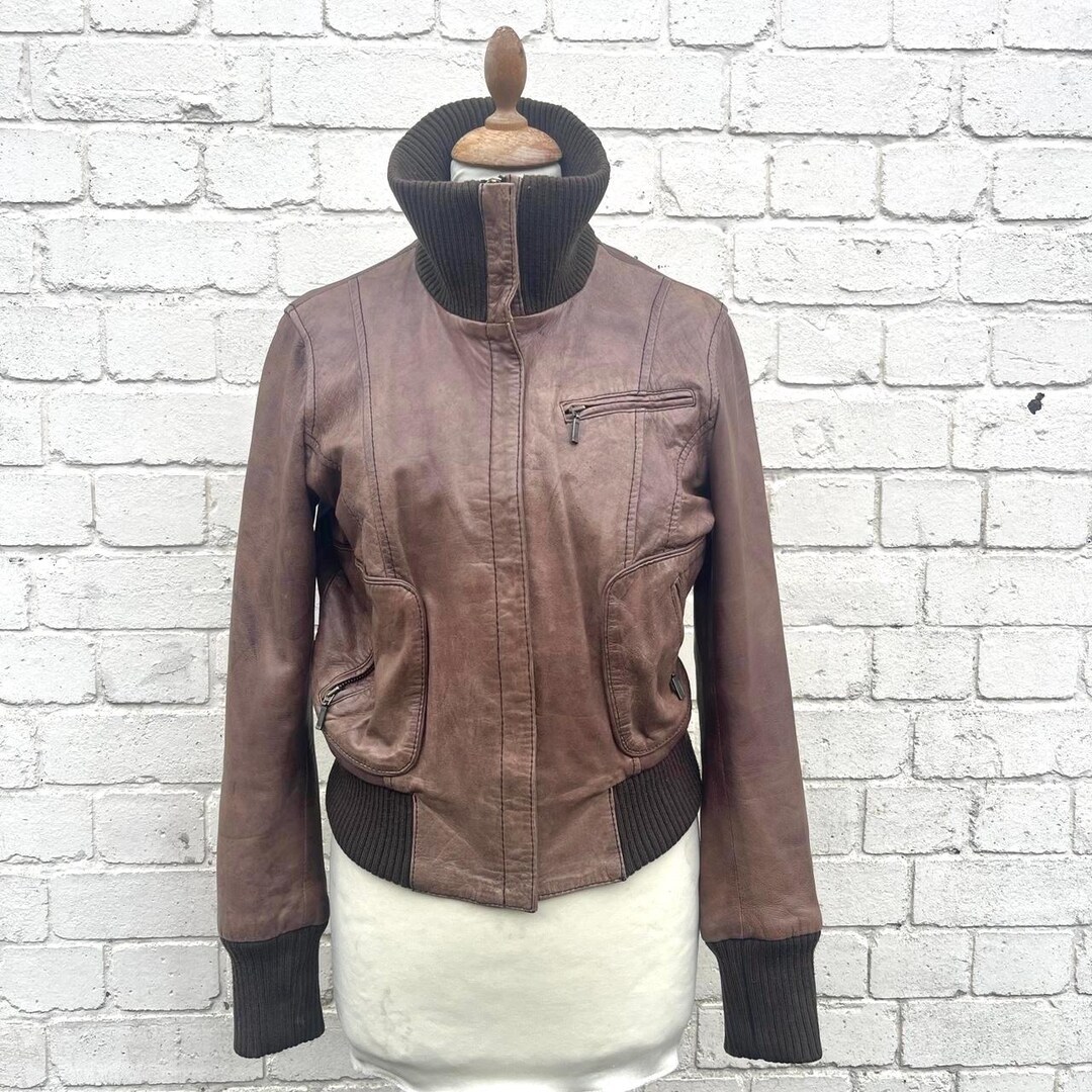 90s Cropped Brown Leather Jacket Zip up Closure Ribbed Collar - Etsy