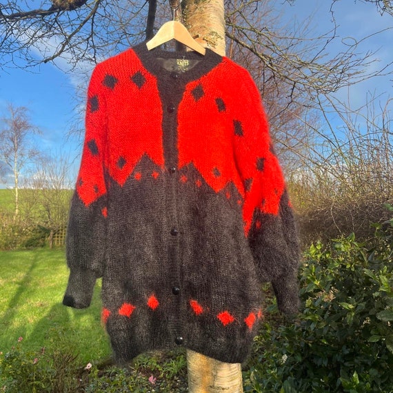 Red & black lady bird fuzzy vintage mohair cardigan b… - Gem