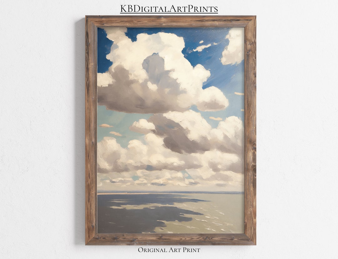 Cloudy Sky Painting, Vintage Landscape Print Blue Printable Download ...