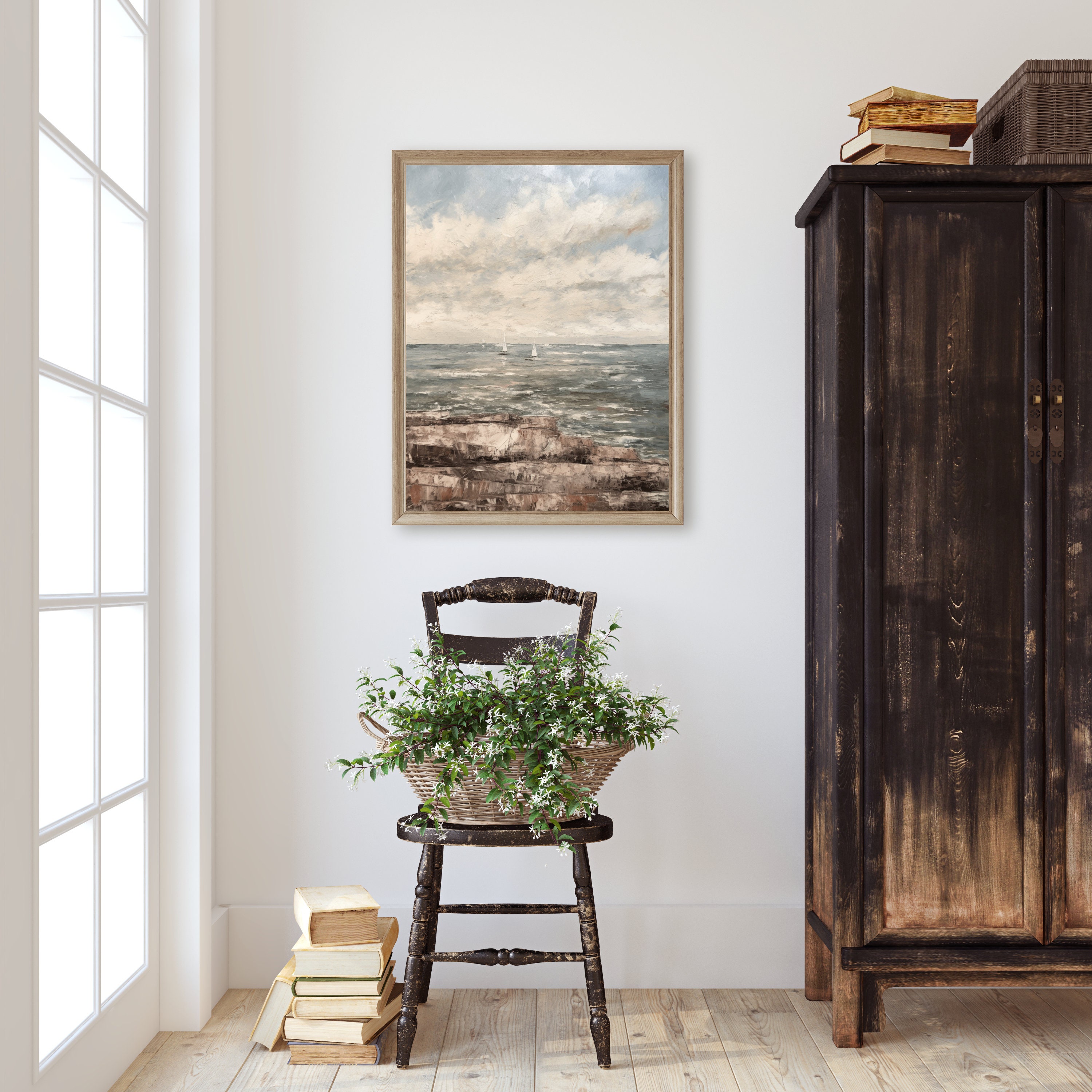 Minimalist Lake House Coastal Painting, Sailing Decor, Bathroom Wall ...