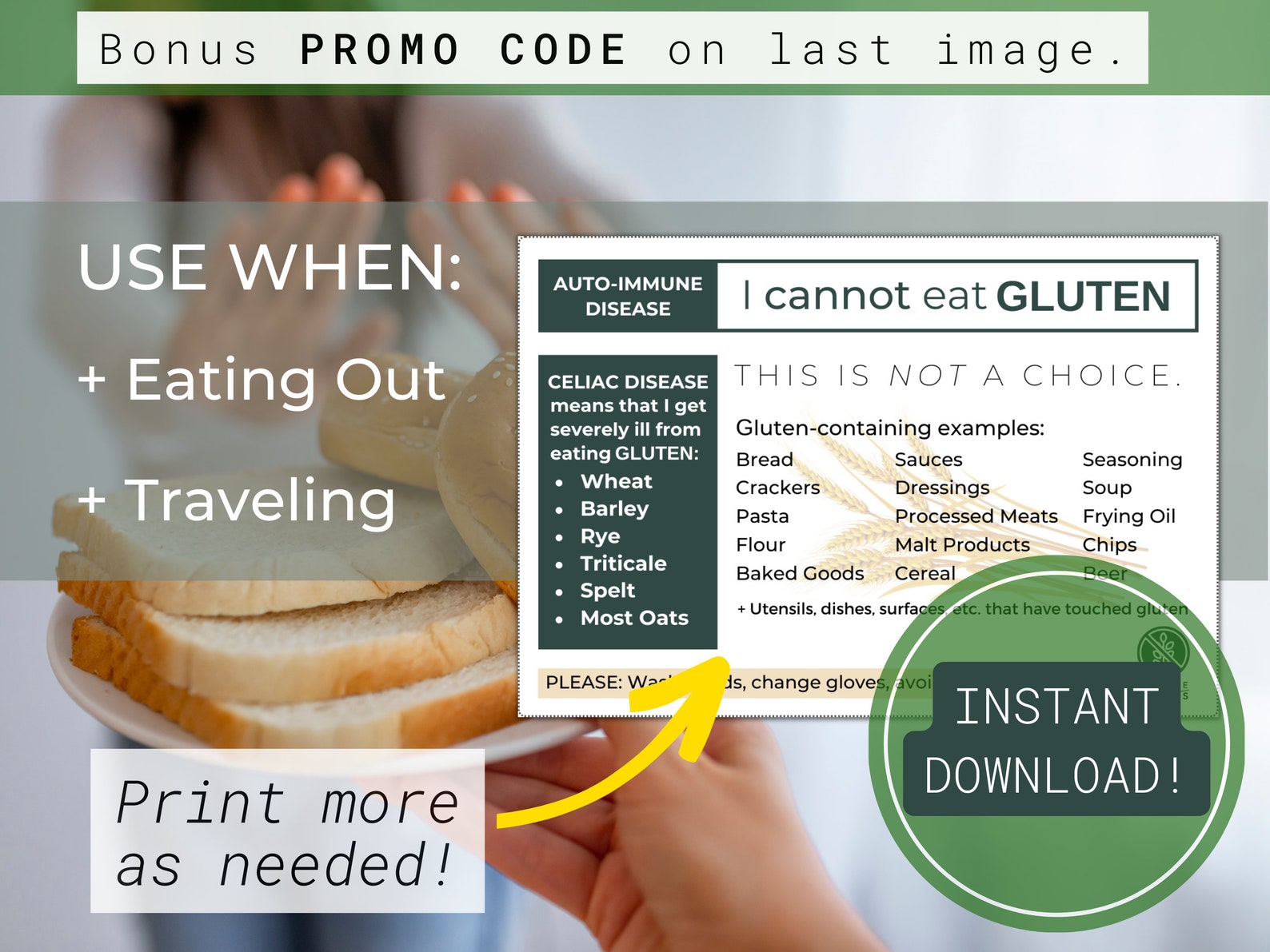 Celiac Disease Card for Restaurants and Travel, Gluten-free Diet Food ...