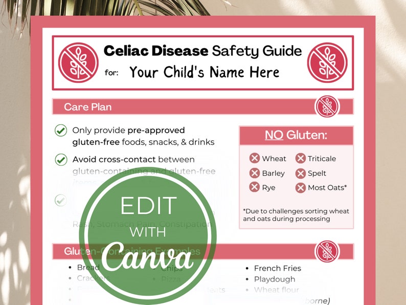 Celiac Disease Information Sheet for Kid, Gluten Free Kid, Gluten Free ...