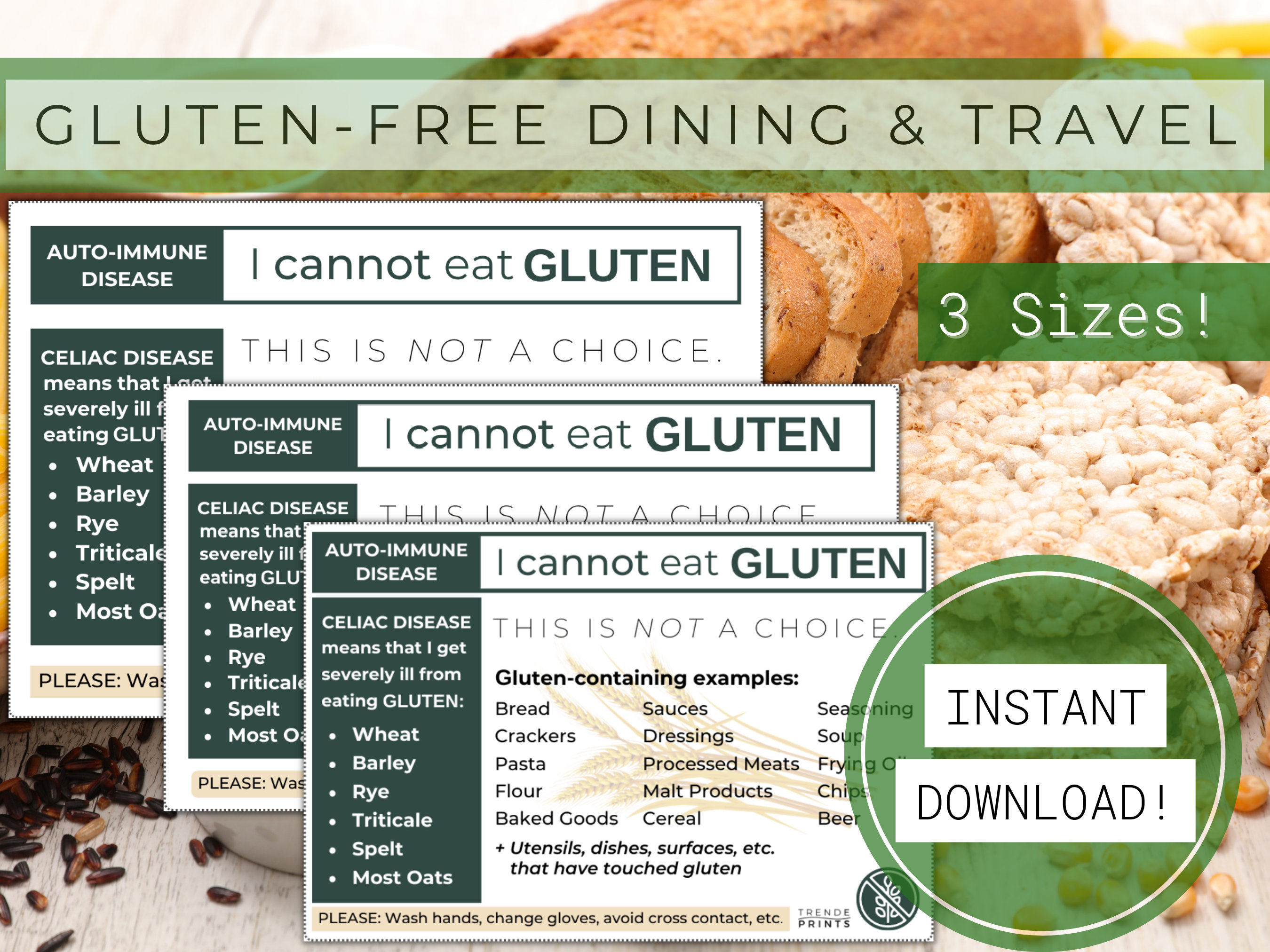 Celiac Disease Card for Restaurants and Travel, Gluten-free Diet Food ...