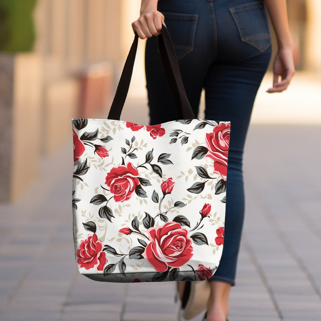 Red Rose Tote Bag, Flower Tote Bag, Floral Tote Bag, Red Tote Bag ...