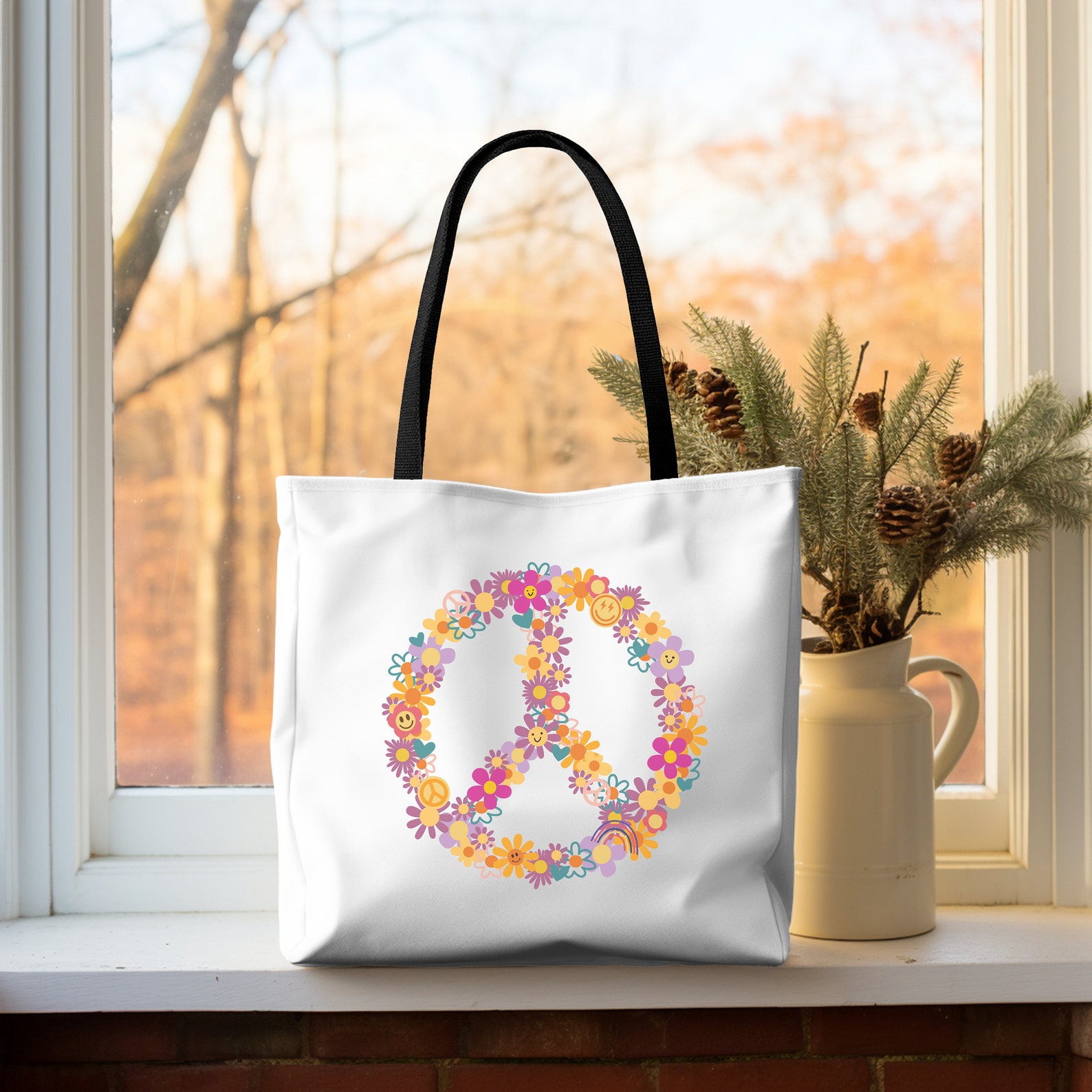 Peace Sign Bag, Love and Peace, Flower Hippie, Floral Peace Sign ...