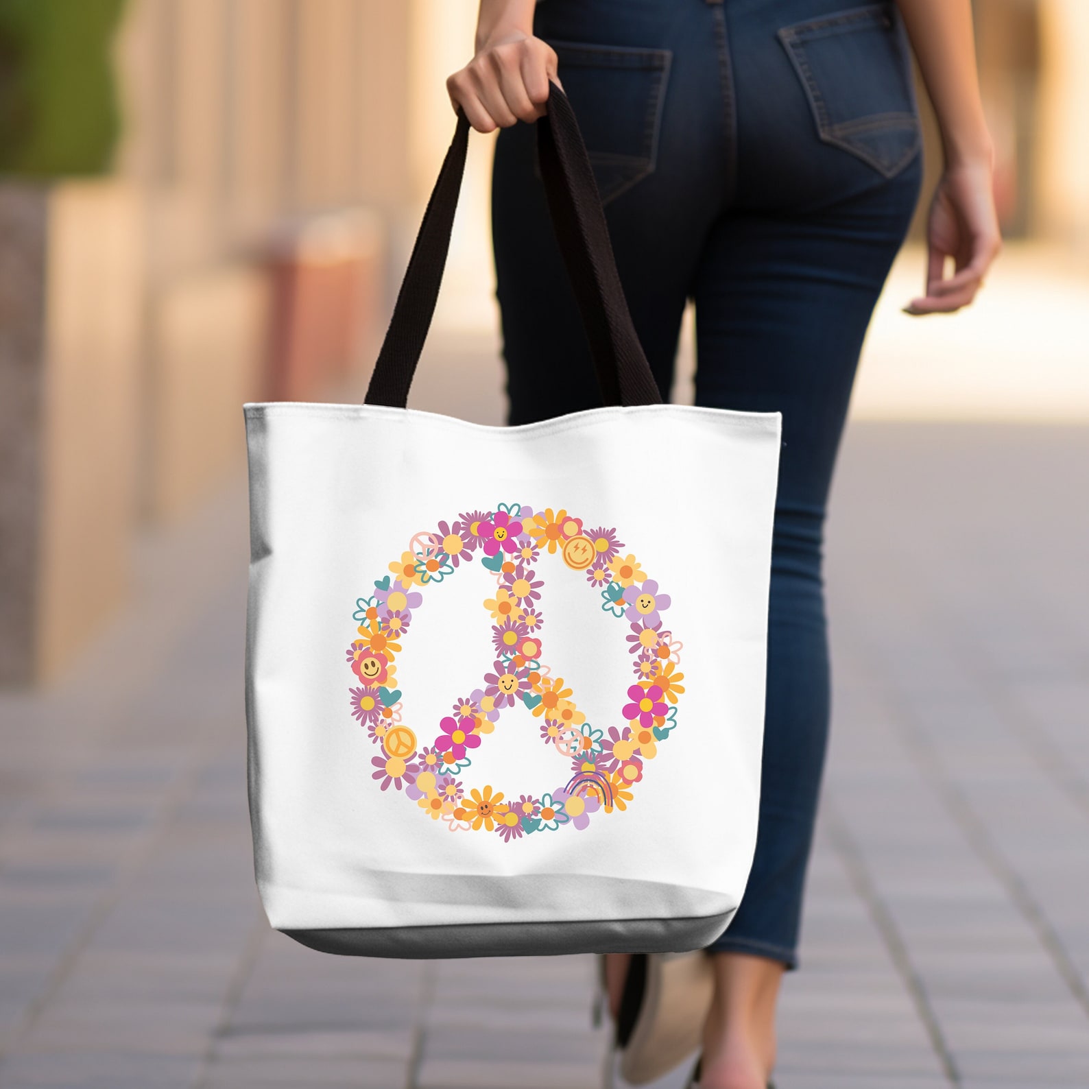 Peace Sign Bag, Love and Peace, Flower Hippie, Floral Peace Sign ...