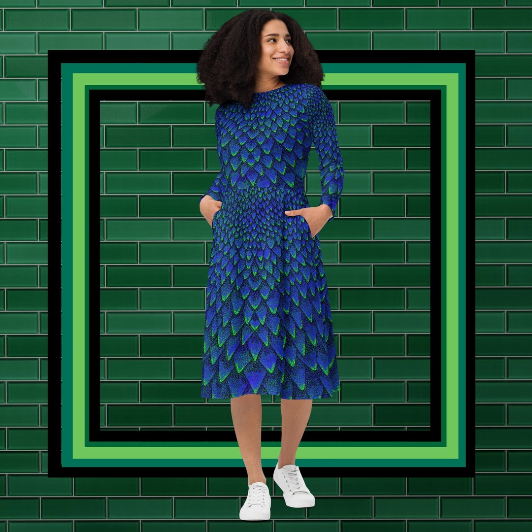 Dark Blue Dragon Scales Long Sleeve Midi Dress - Etsy