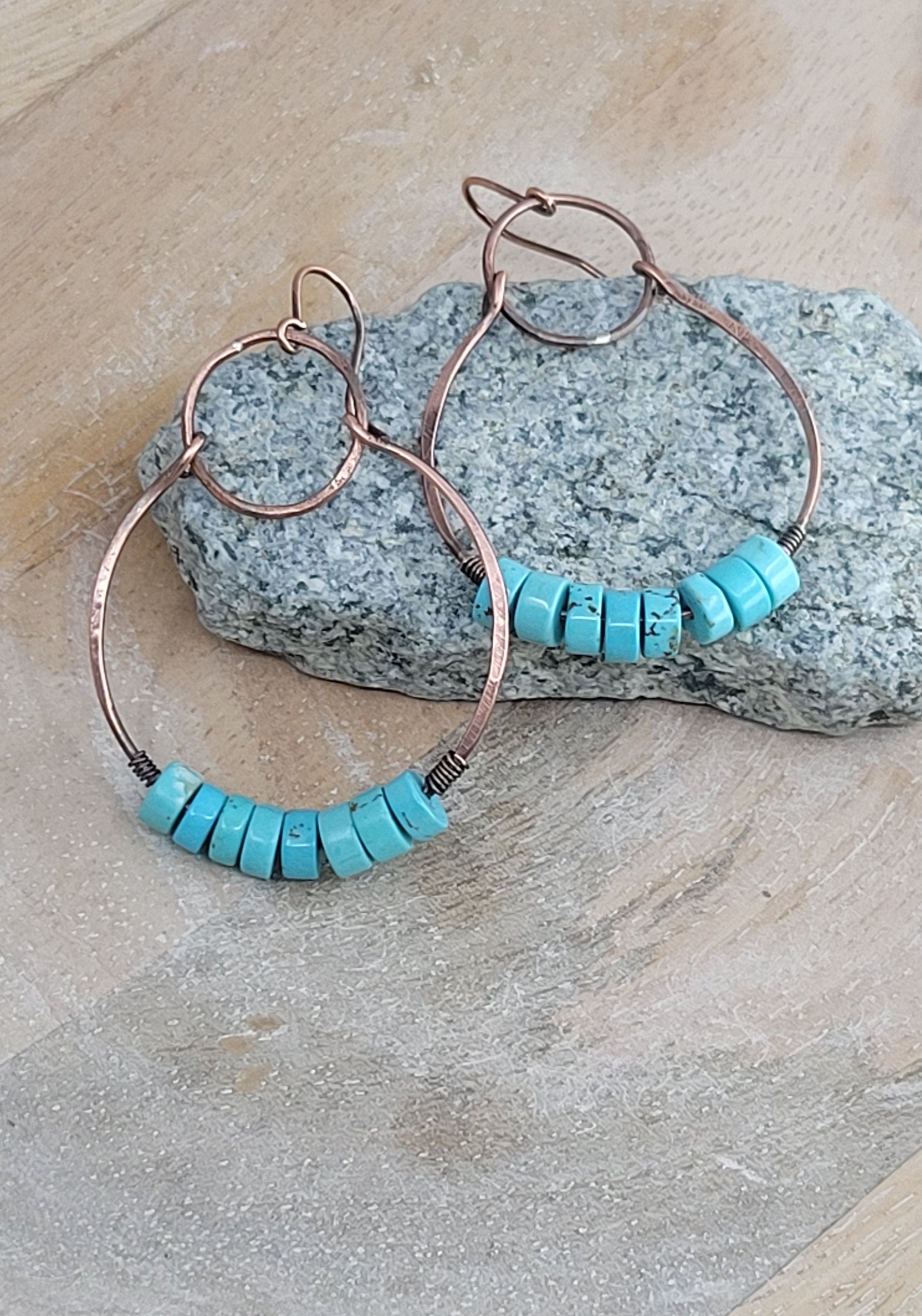 Handmade 2 Copper Hoops With Light Blue Jasper Heishi Beads. Beautiful ...