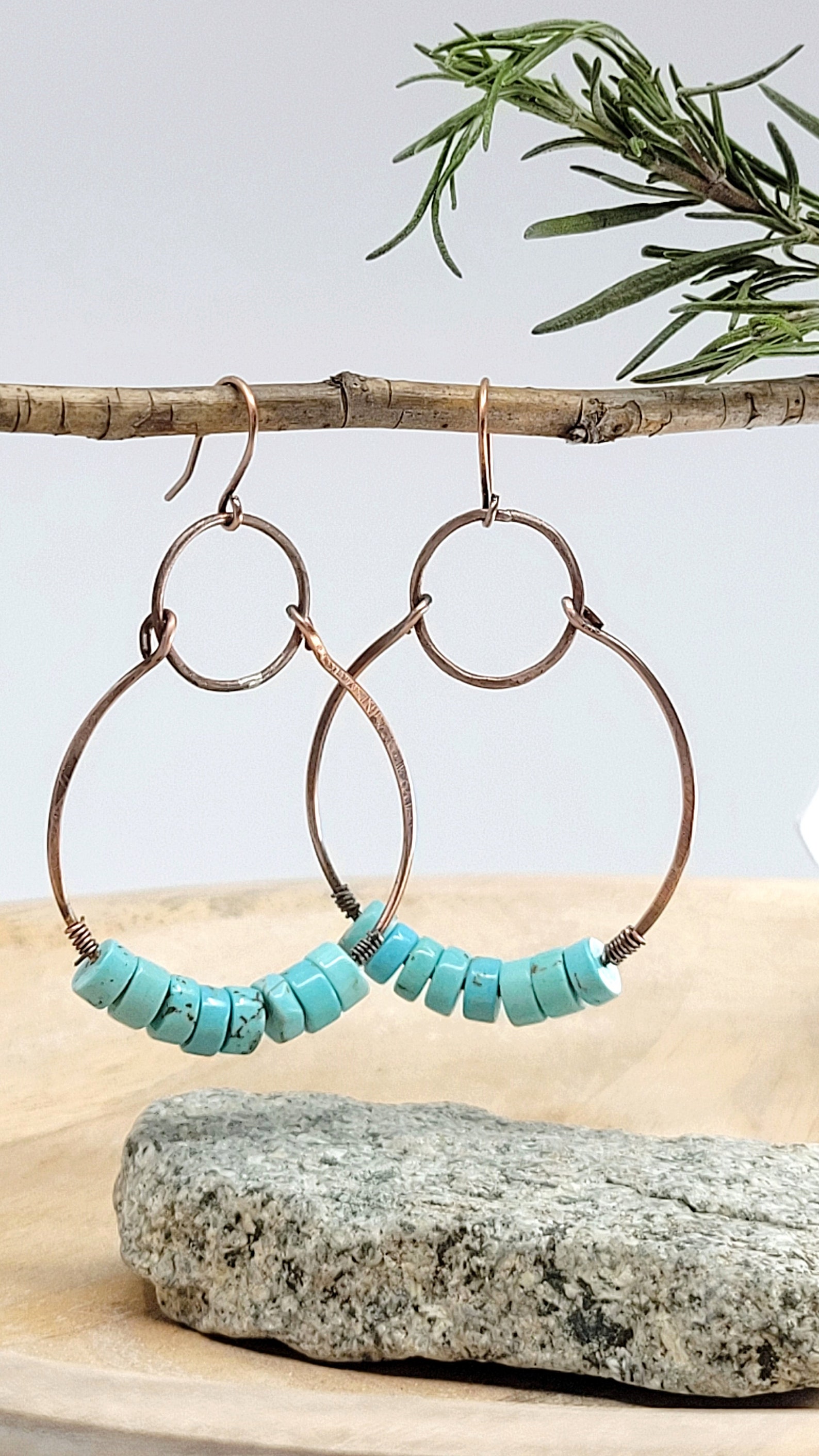 Handmade 2 Copper Hoops With Light Blue Jasper Heishi Beads. Beautiful ...