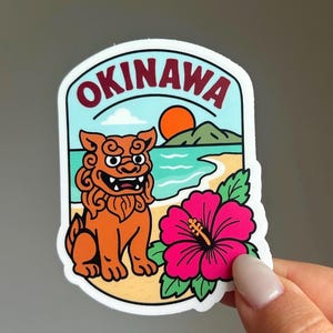 Okinawa Beach With Shisa Sticker, Okinawa Ocean, Hibiscus, Mountains ...