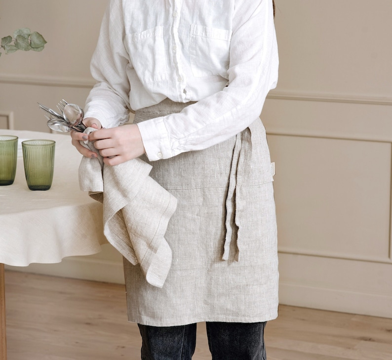 Linen Half Apron With Pockets, Half Apron for Women. Linen Wrap Apron ...