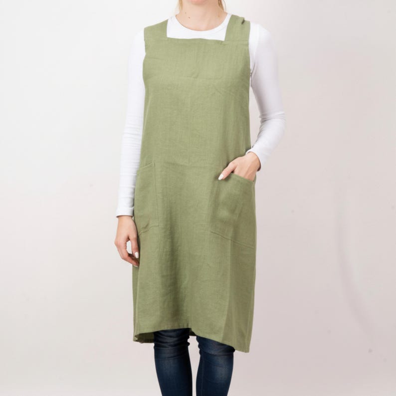 Linen Cross Back Apron: Japanese Style Pinafore With Pockets - Etsy