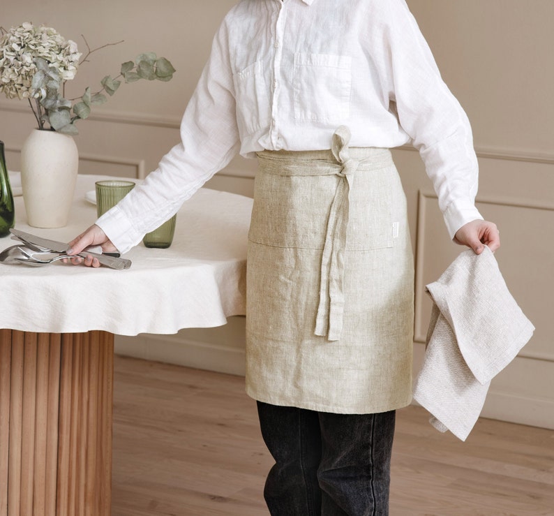 Linen Half Apron With Pockets, Half Apron for Women. Linen Wrap Apron ...