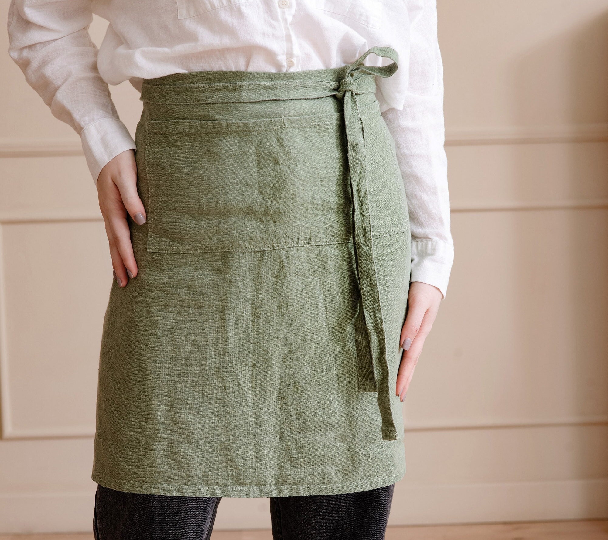 Linen Half Apron With Pockets, Half Apron for Women. Linen Wrap Apron ...