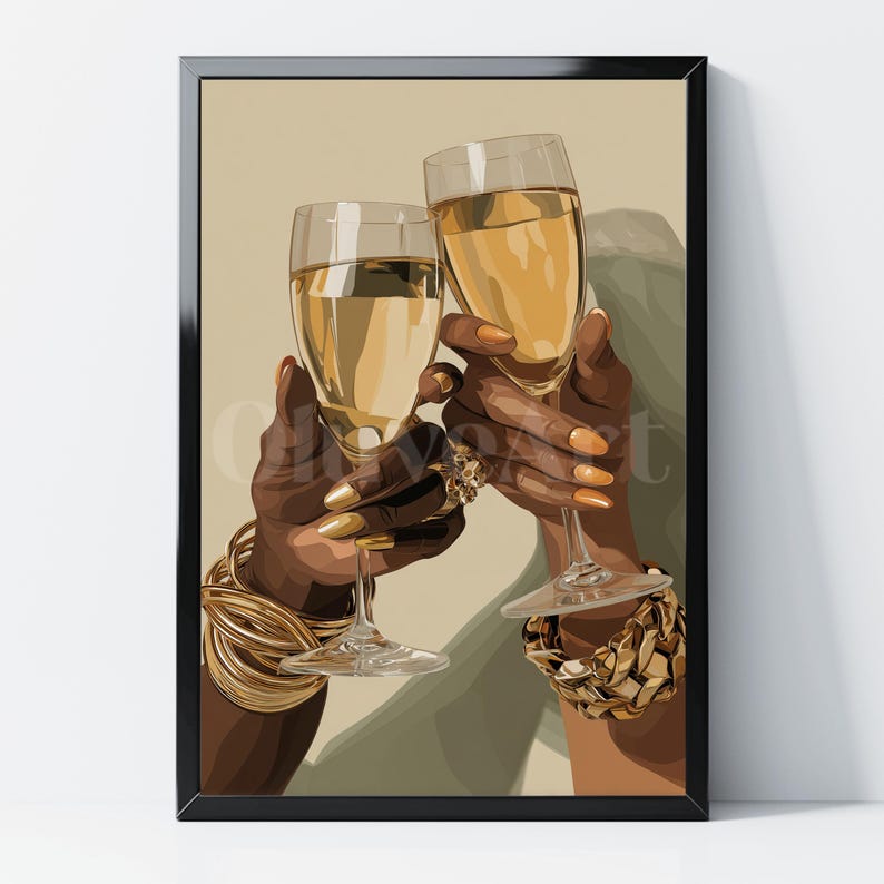 Afro Glam Champagne Toast Print: Black Women Celebration Art (digital ...