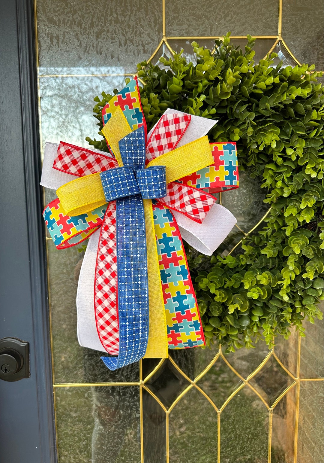 Autism Awareness Month, Autism Awareness Bow, Puzzle Bow, Wreath Bow ...
