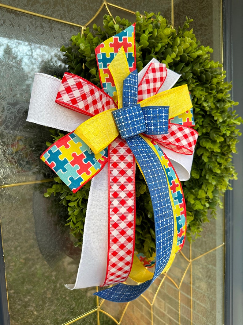 Autism Awareness Month, Autism Awareness Bow, Puzzle Bow, Wreath Bow ...