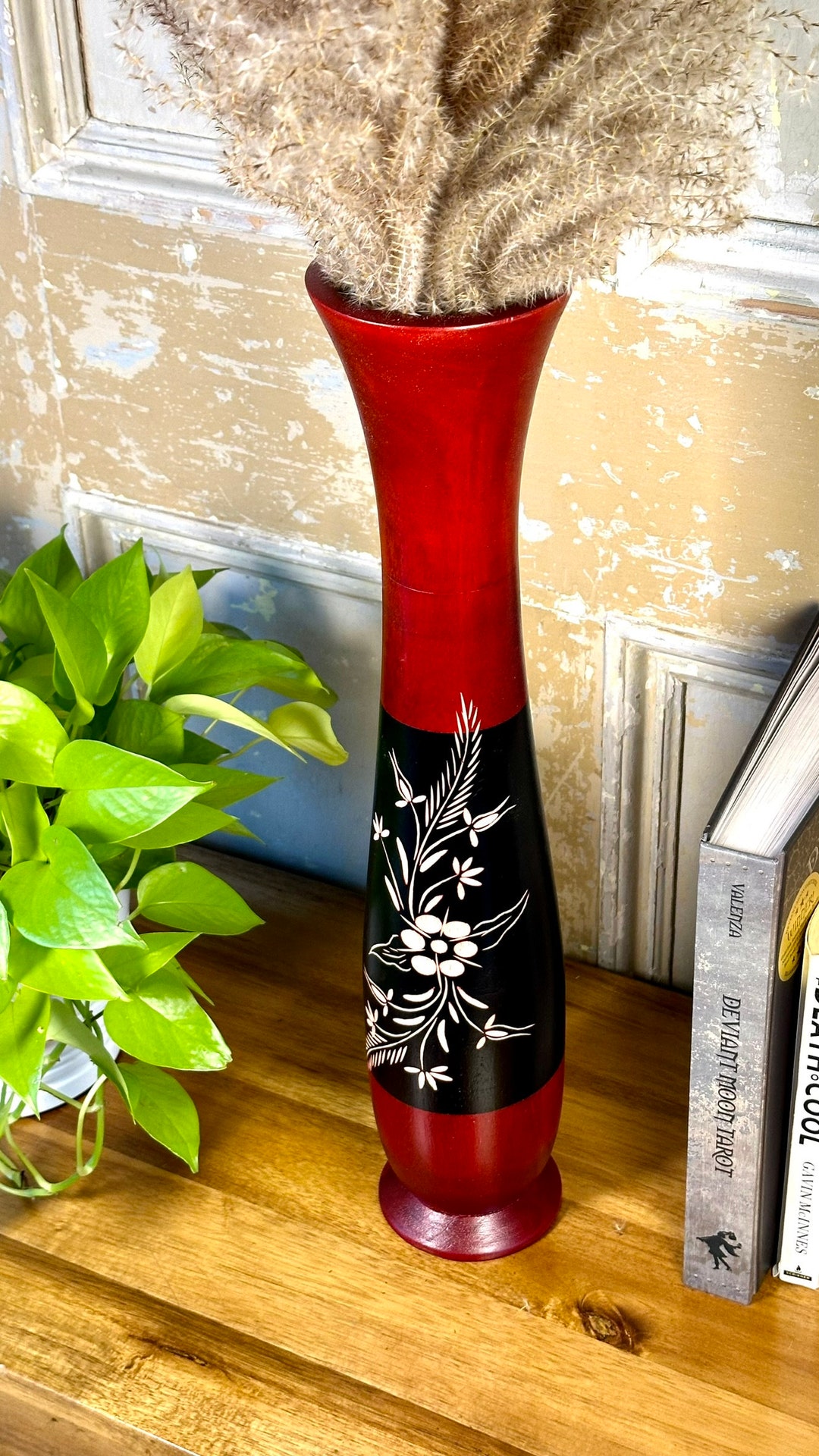 Wooden Vase - Red - Mango Wood - Hand Carved - Crafts - Thailand ...