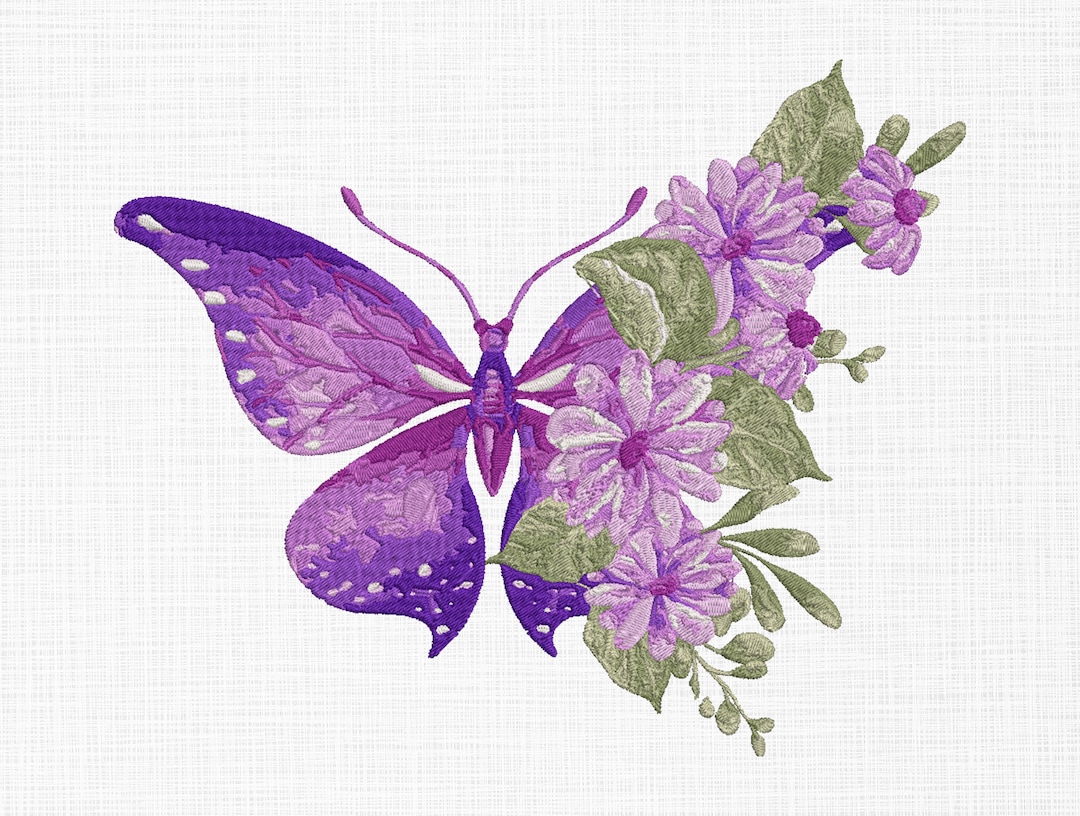 Floral Butterfly Embroidery Design Purple Butterfly Embroidery Design ...