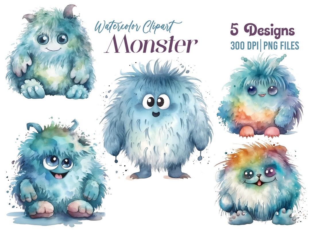 Cute Watercolor Fluffy Monster Clipart Bundle 5 Watercolor PNG Files in ...