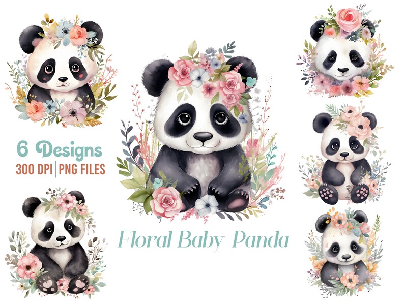 Watercolor Floral Baby Panda Clipart Bundle Baby Panda Clipart 6 ...