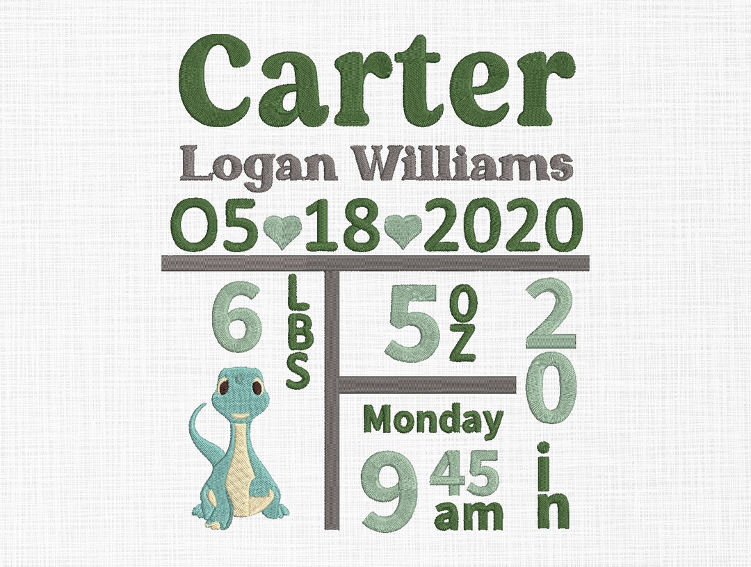Dinosaur Baby Birth Announcement Embroidery Design Subway Art Baby ...
