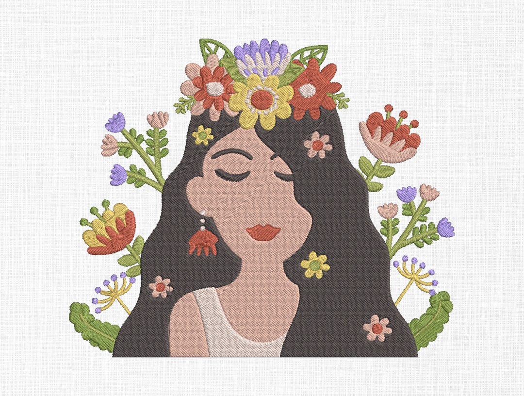 Lady With Flowers Embroidery Design Woman's Day Embroidery Design Lady ...