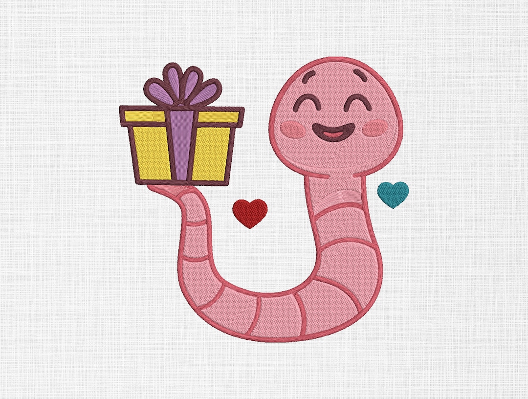 Cute Pink Worm Embroidery Design Baby Worm With Gift Embroidery Design ...