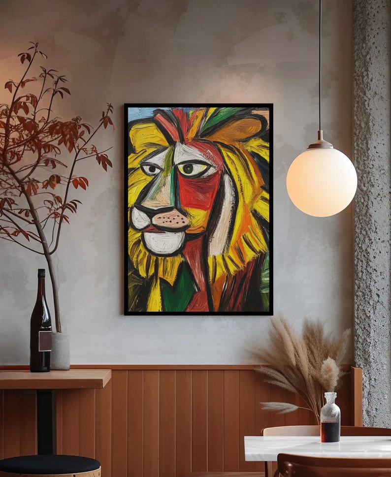Bold Picasso-style Cubist Lion Art - Vibrant Abstract Wildlife Portrait ...