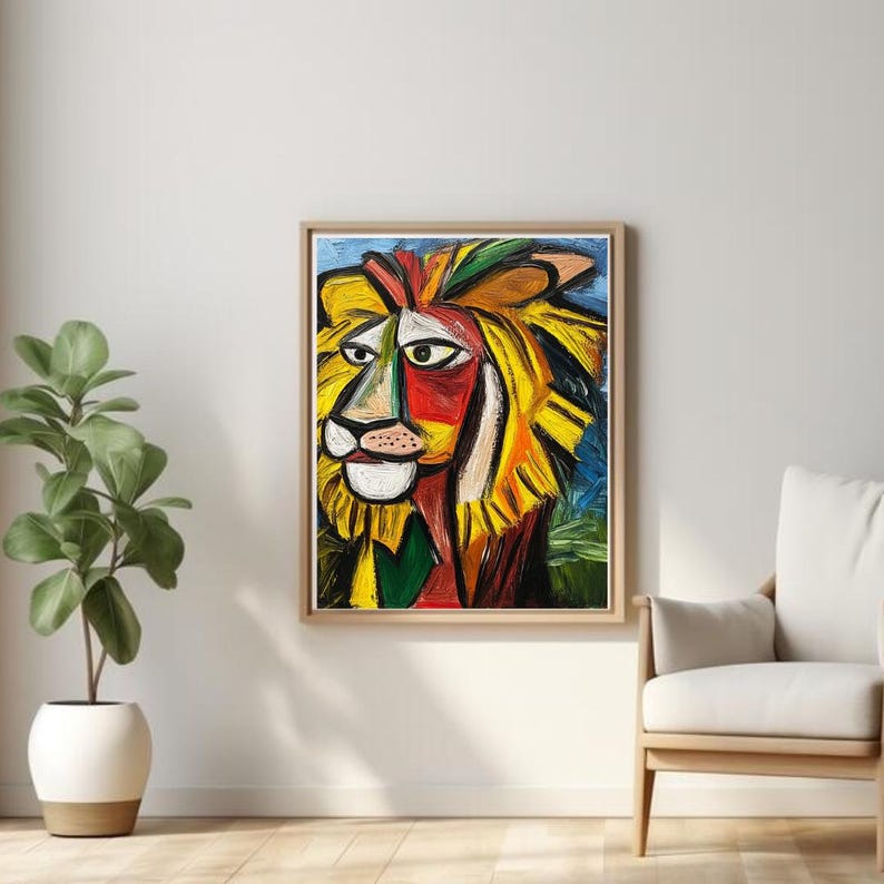 Bold Picasso-style Cubist Lion Art - Vibrant Abstract Wildlife Portrait ...