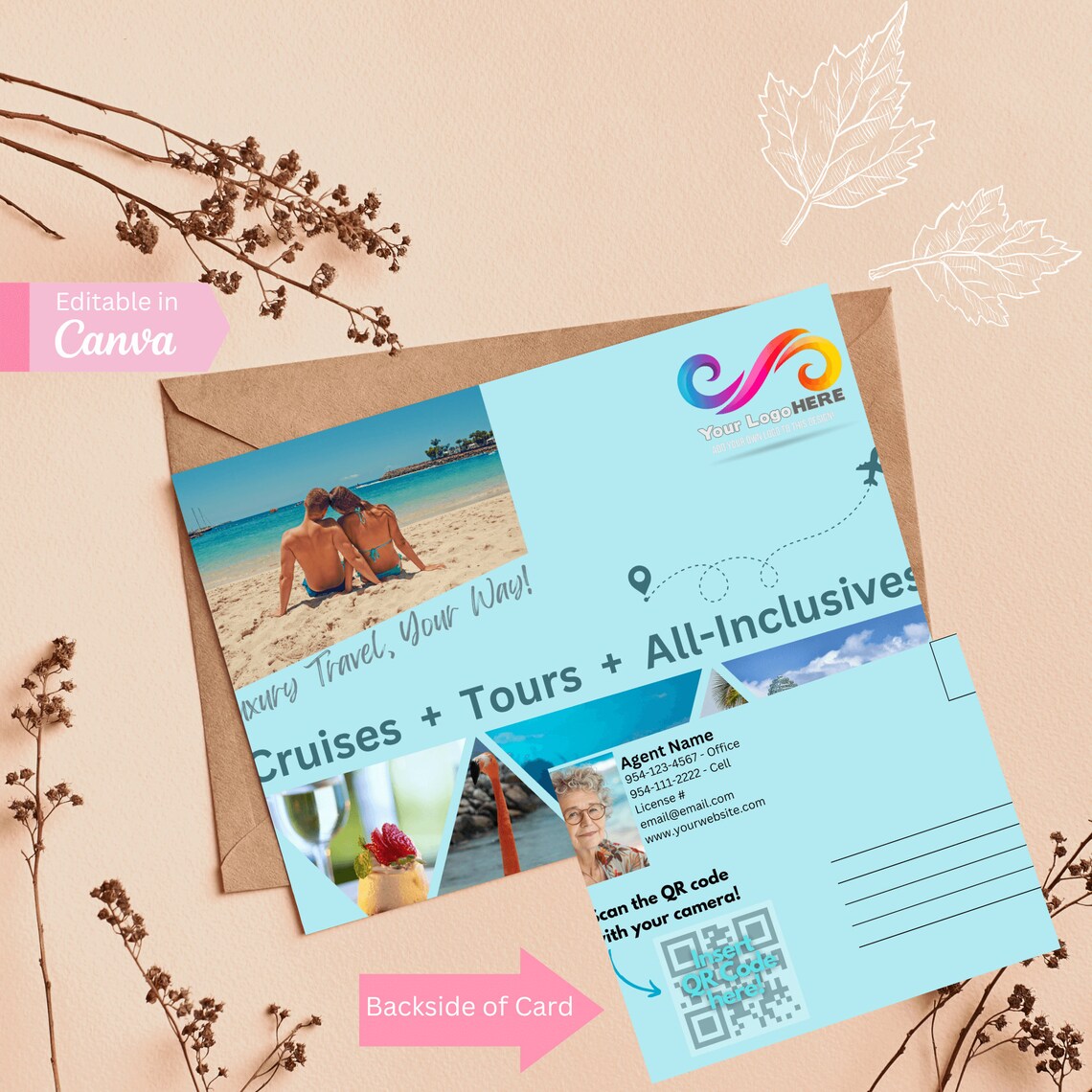 Editable Travel Agent Postcard Template: Photo Collage, Canva Design ...