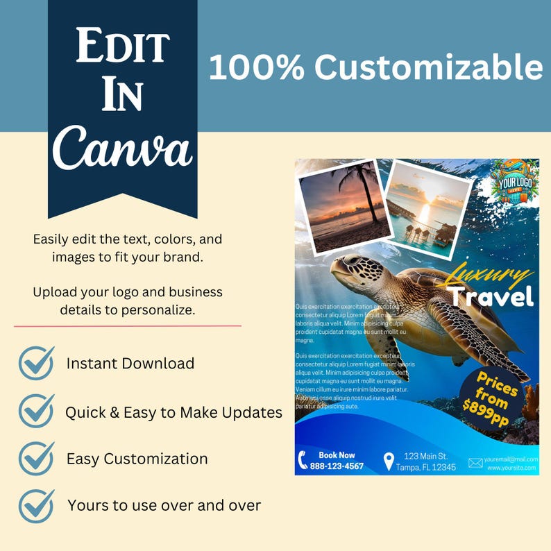 Editable Luxury Travel Flyer Template With Sea Turtle Design | Canva ...