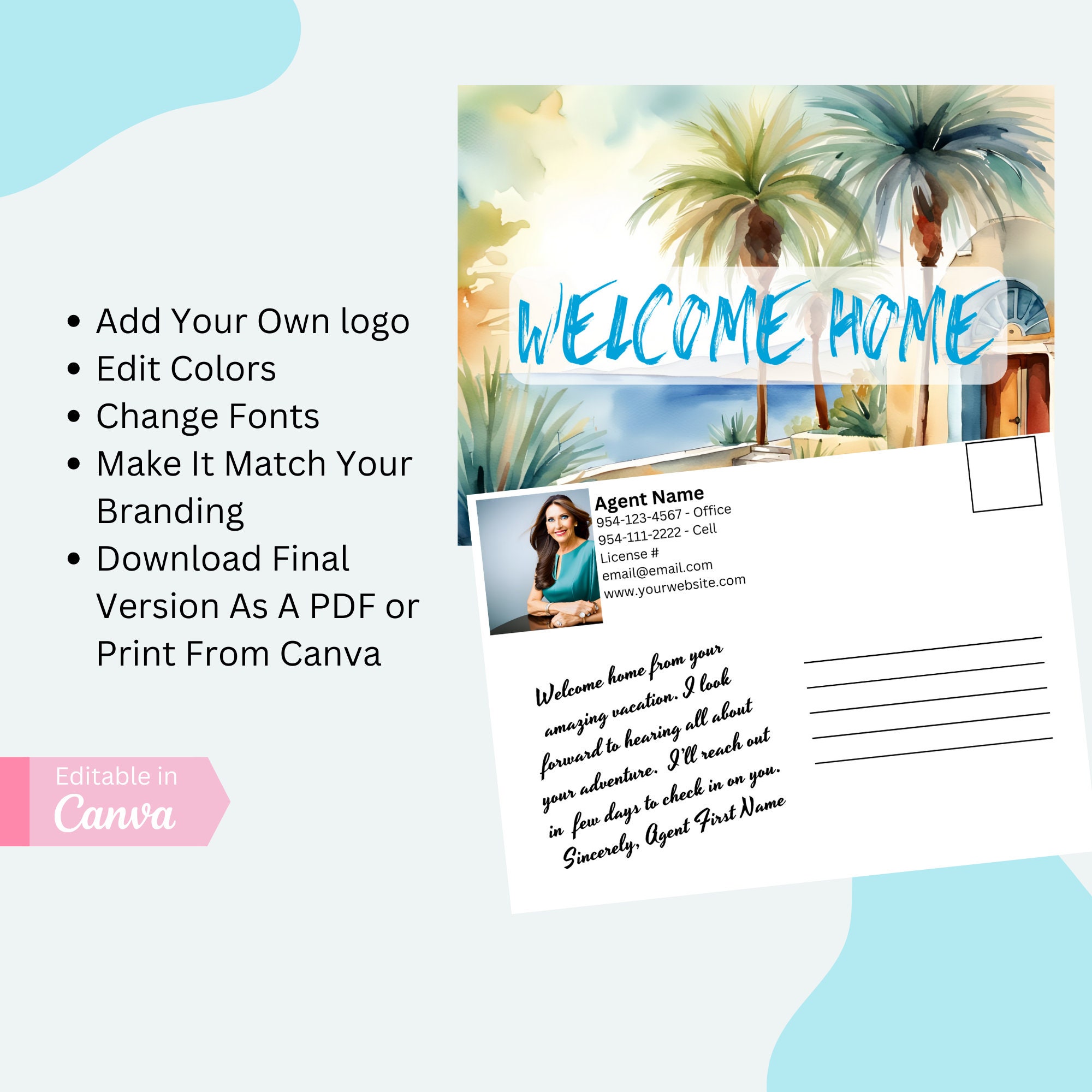 Travel Agent Watercolor Welcome Home Postcards, 9 Card Bundle, Edit in ...