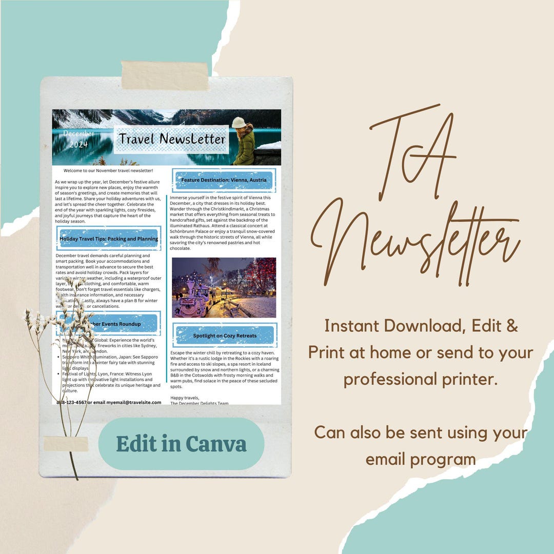 Travel Agent Newsletter Template: December Edition (edit in Canva) - Etsy