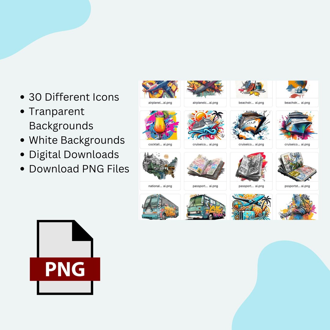 30 Graffiti Style PNG Travel Icons Bundle for Stickers, Planners ...