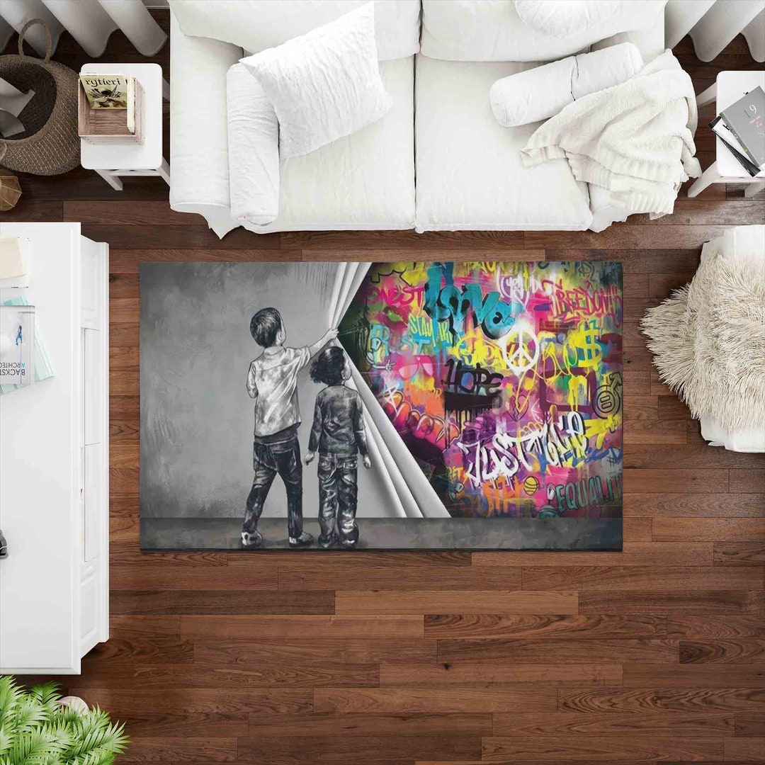 Banksy Behind the Curtain Rug, Trendy Rugs, Salon Decor Rug, Banksy ...